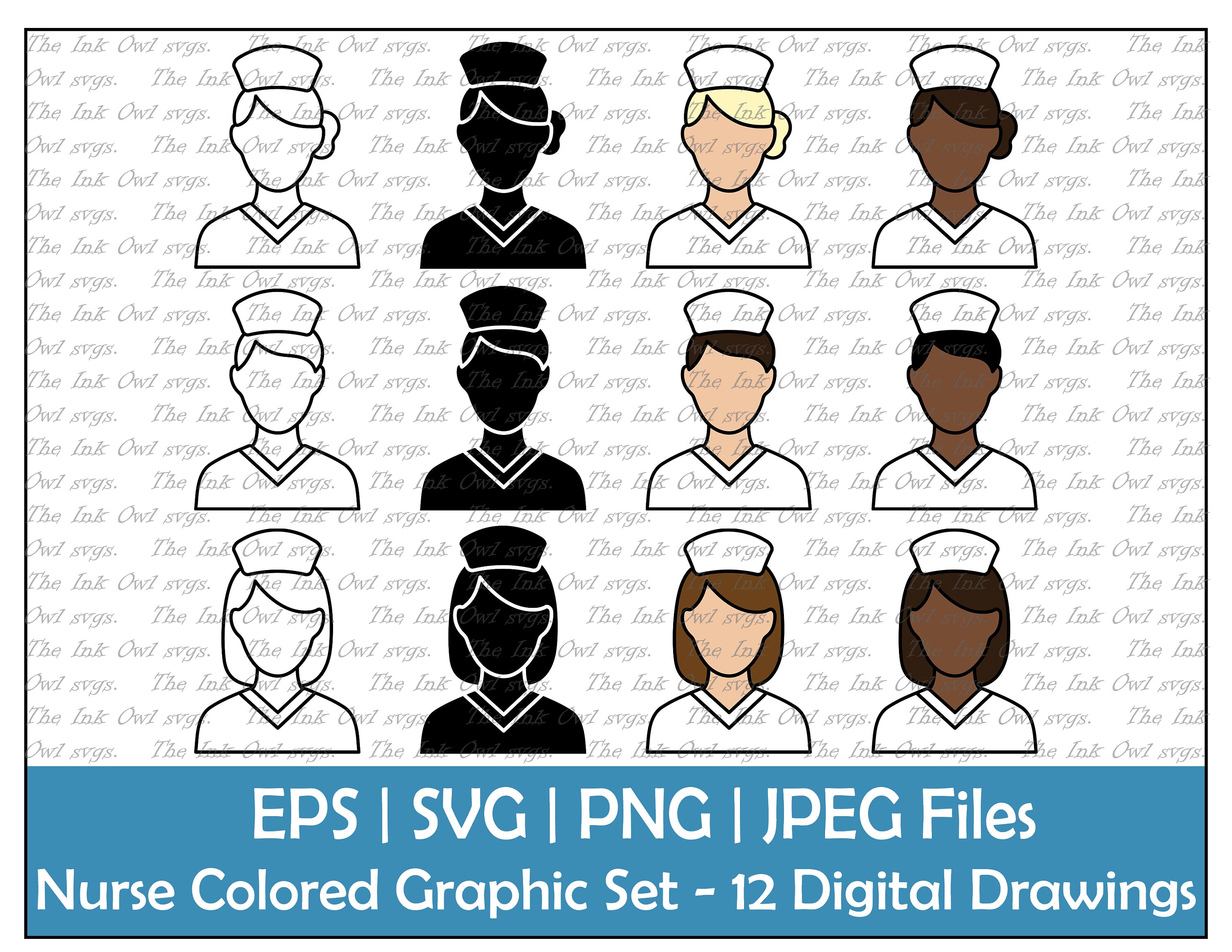 Nurse Icon With Color Vector Clipart Set / Outline & Stamp | Etsy