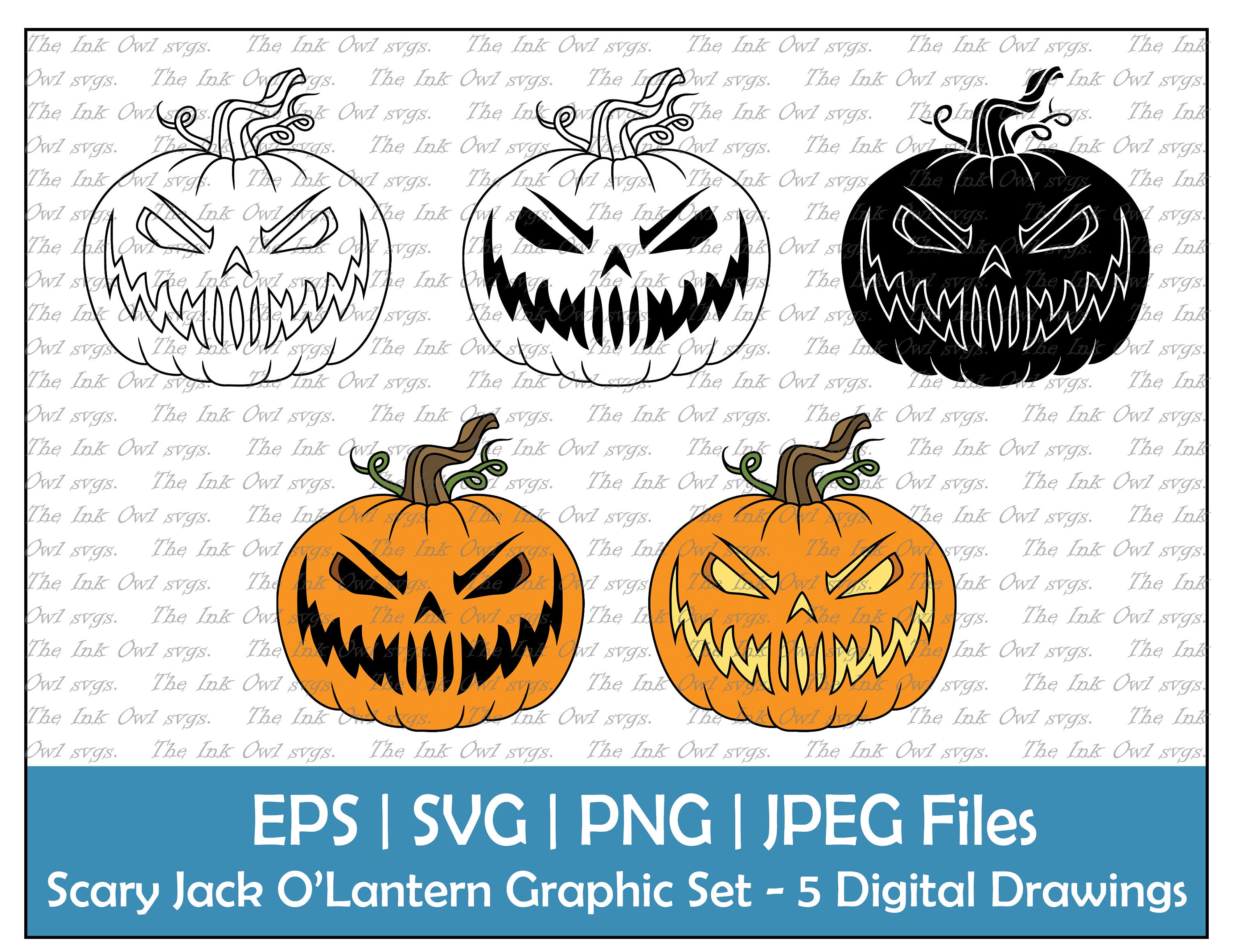 Scary Jack O' Lantern Pumpkin Clipart Set / Outline, Stamp Silhouette ...