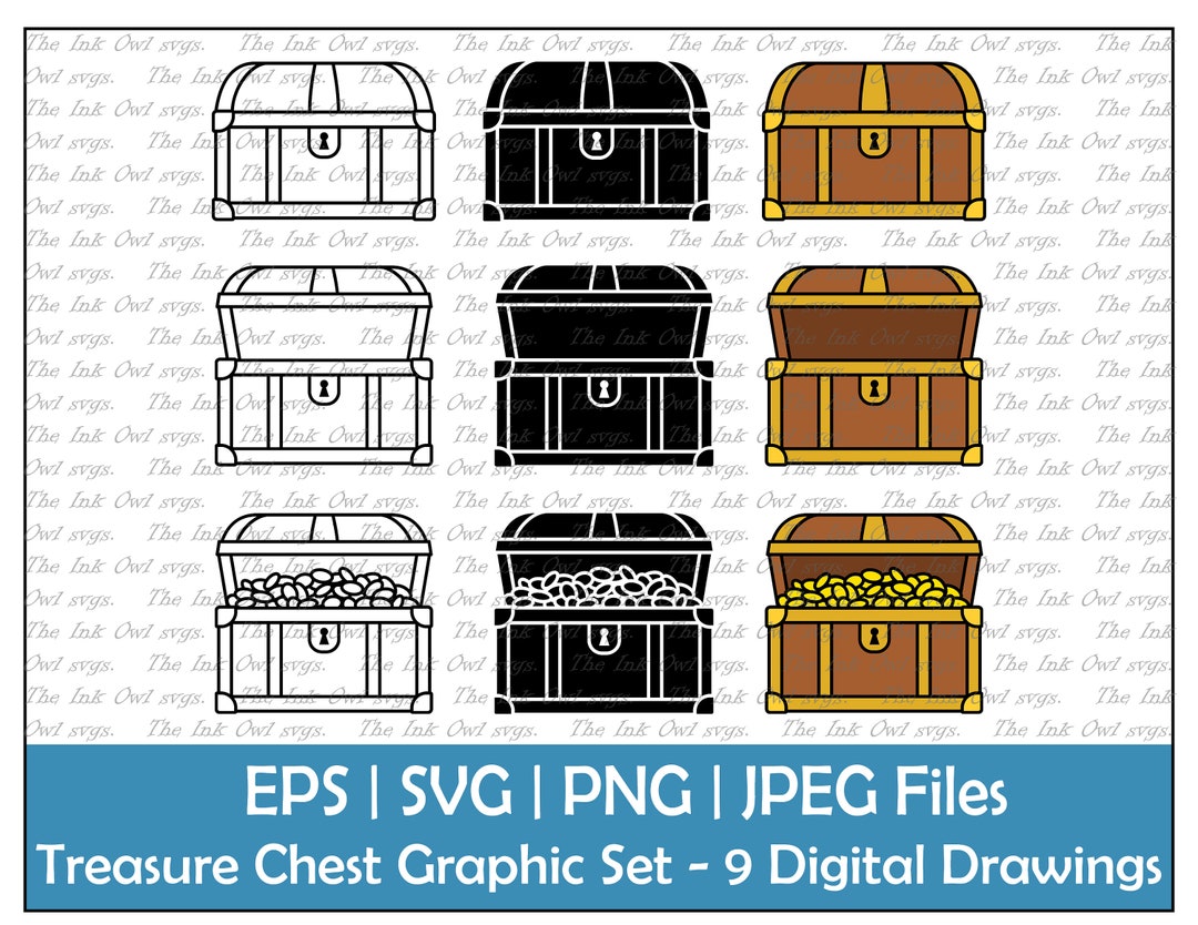 Treasure Chest Vector Clipart Set / Outline & Stamp Drawing Graphic ...