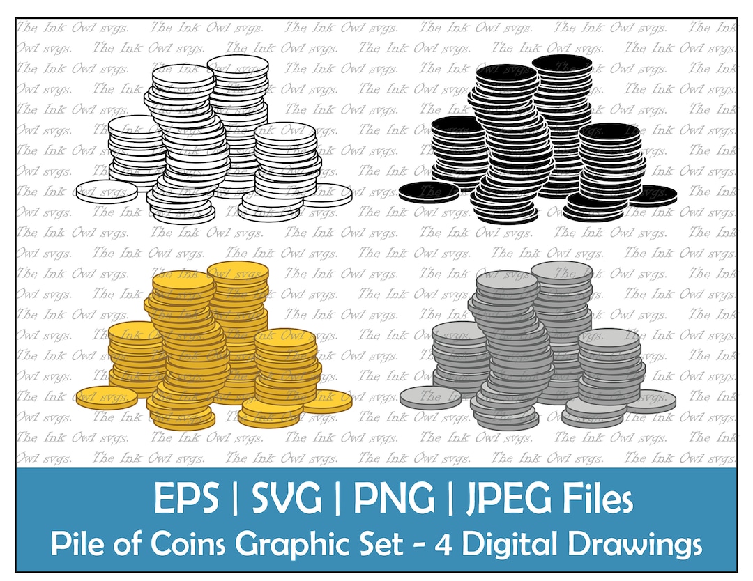 Pile of Coins Vector Clipart Set / Outline, Stamp Silhouette & Color ...