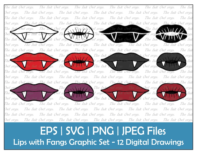 Vampire Lips With Fangs Vector Clipart Set / Kiss / Outline, Stamp ...