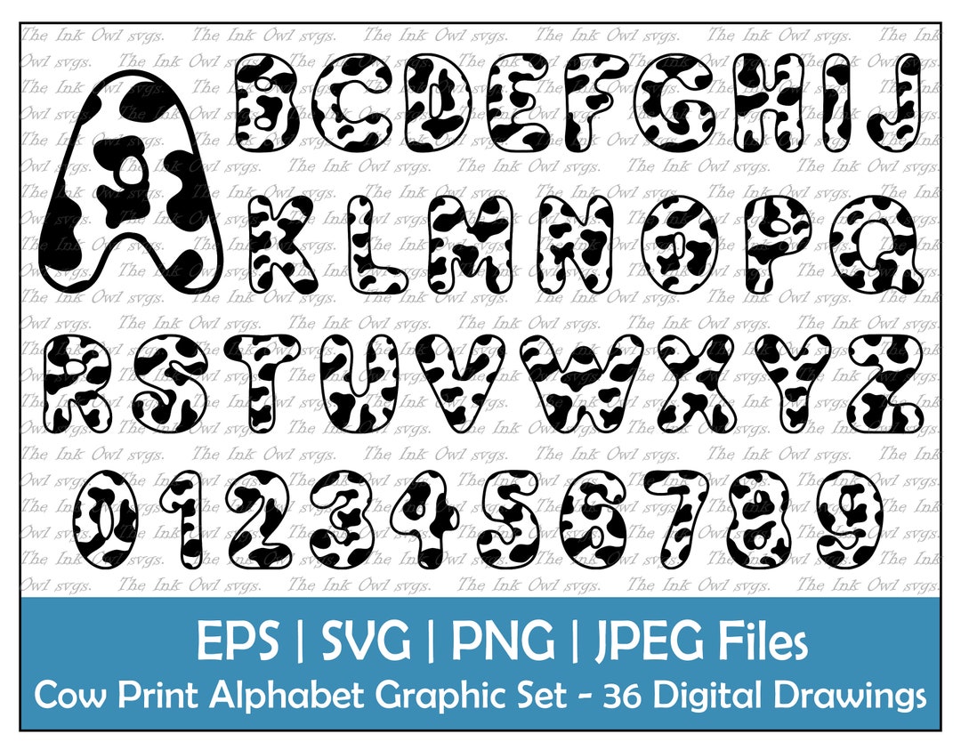 Cow Print Pattern Alphabet Letters and Numbers Vector Clipart / Stamp ...