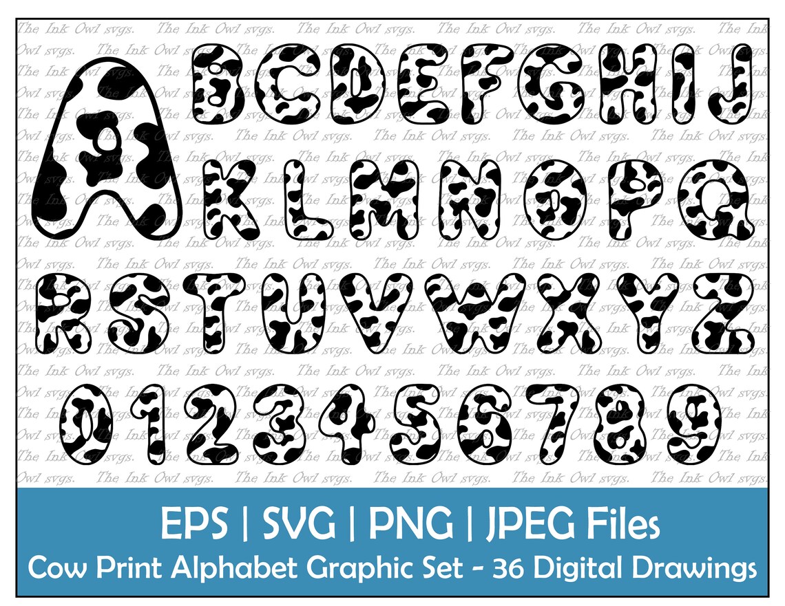 Cow Print Pattern Alphabet Letters and Numbers Vector Clipart / Stamp ...