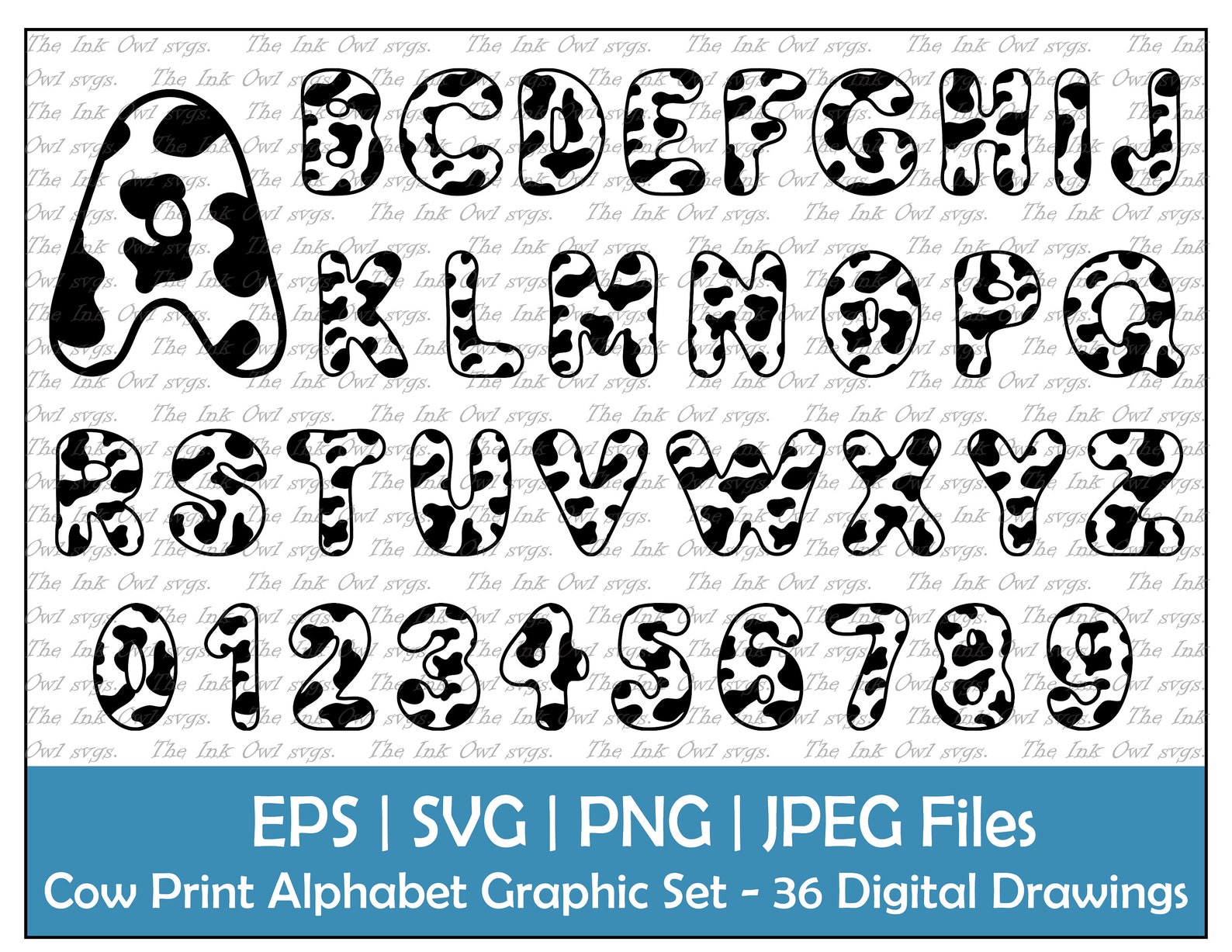 Cow Print Pattern Alphabet Letters and Numbers Vector Clipart / Stamp ...