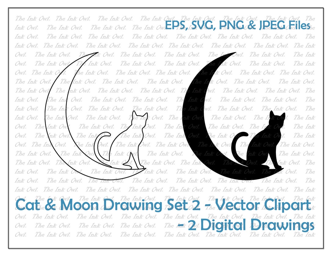 Cat Crescent Moon Vector Clipart / Outline & Stamp Drawing ...