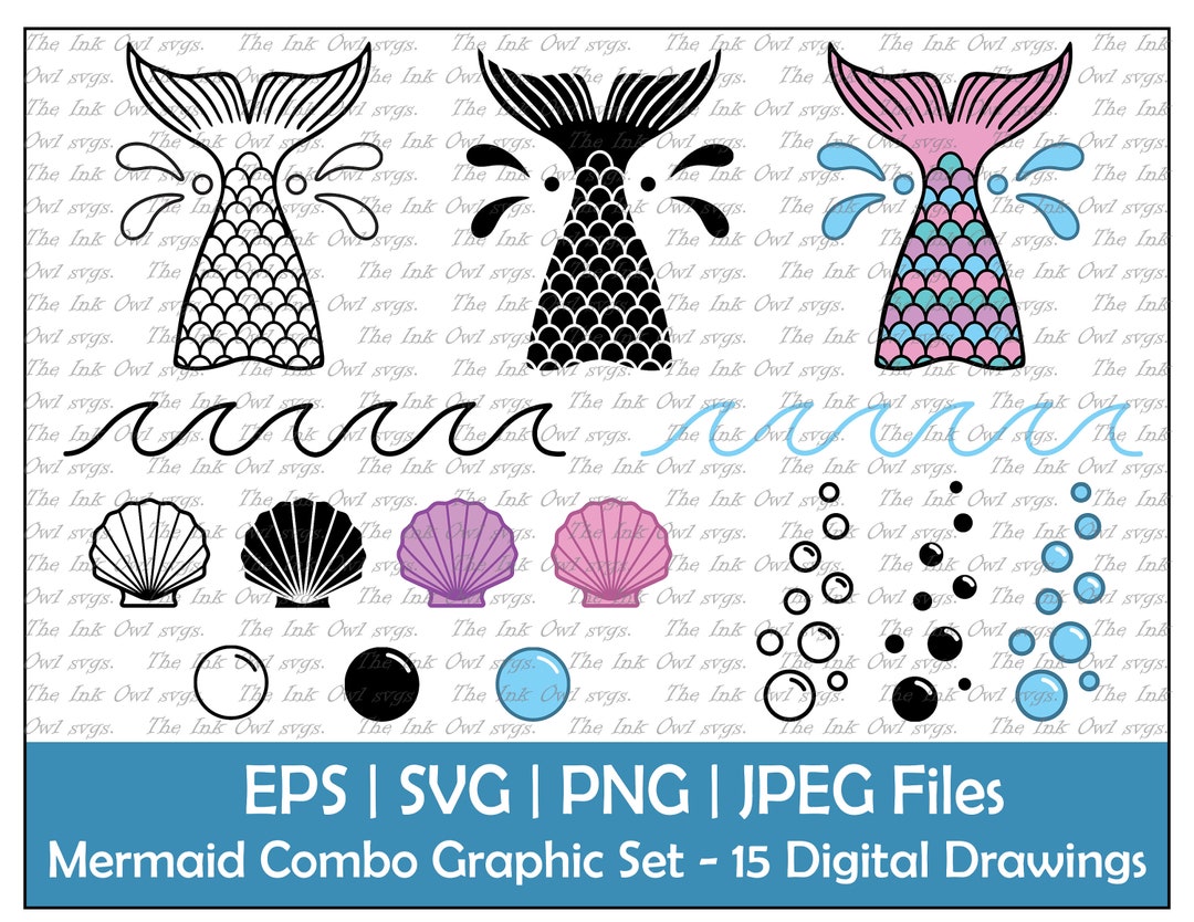 Mermaid Vector Clipart Set / Outline, Stamp and Color Graphics ...