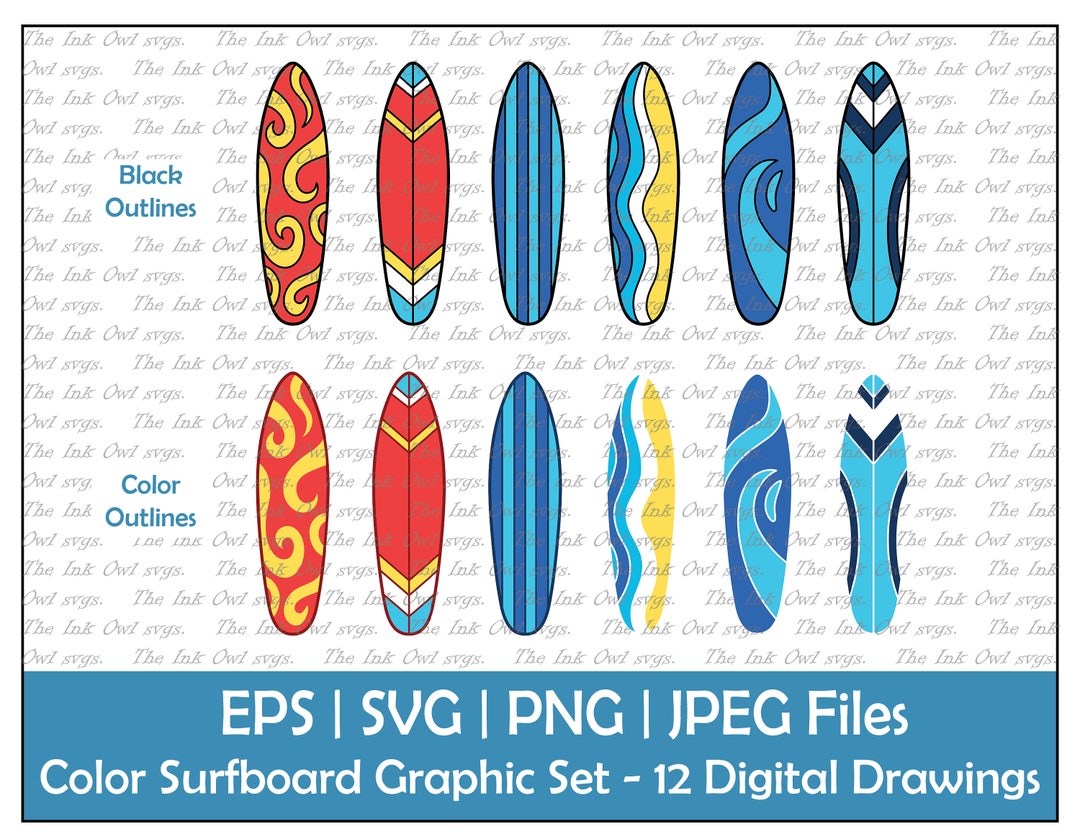 Surfboard With Pattern Designs Vector Clipart Set / Color Graphics ...