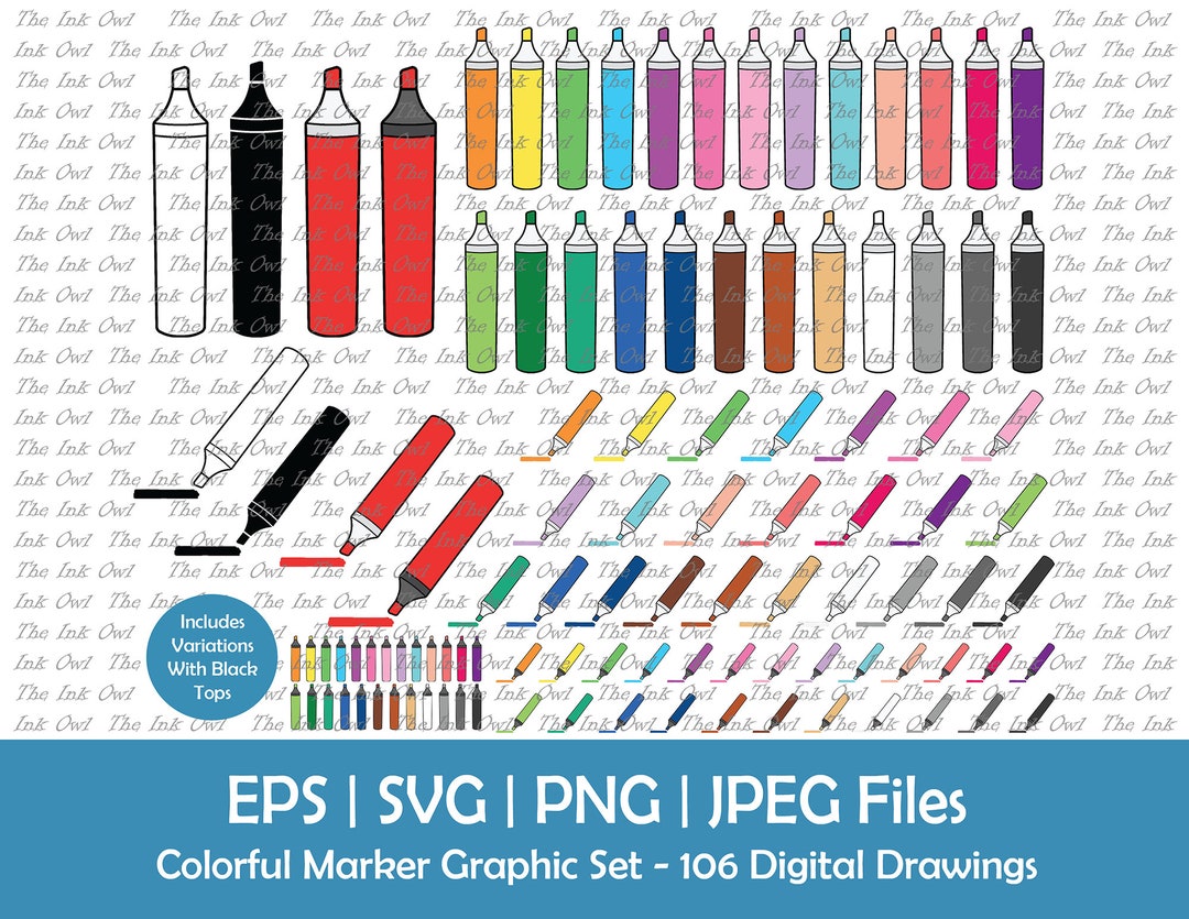 Colorful Marker Pen Writing Clipart Set / Outline, Silhouette & Color ...