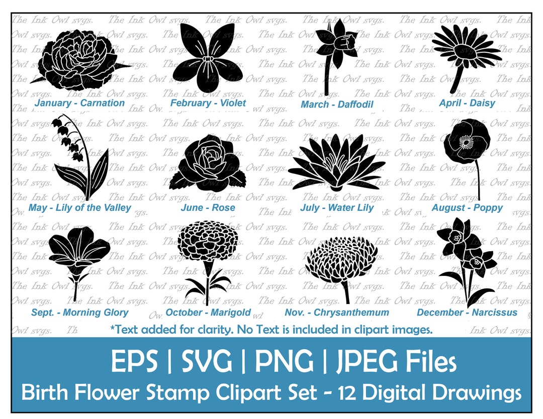 Birth Flower Vector Clipart Set / Stamp Silhouette Graphic / Rose, Lily ...