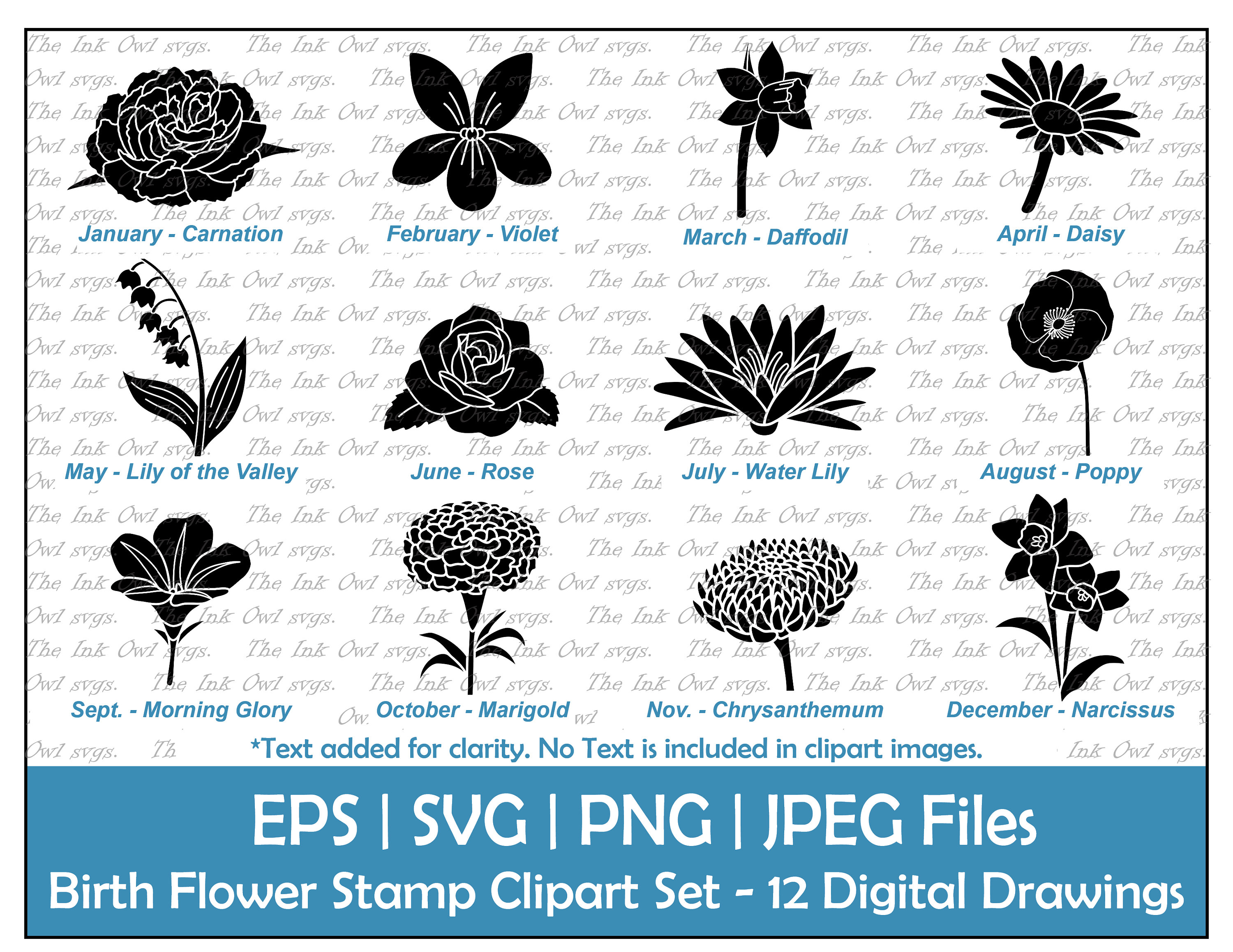 Birth Flower Vector Clipart Set / Stamp Silhouette Graphic / Rose, Lily ...