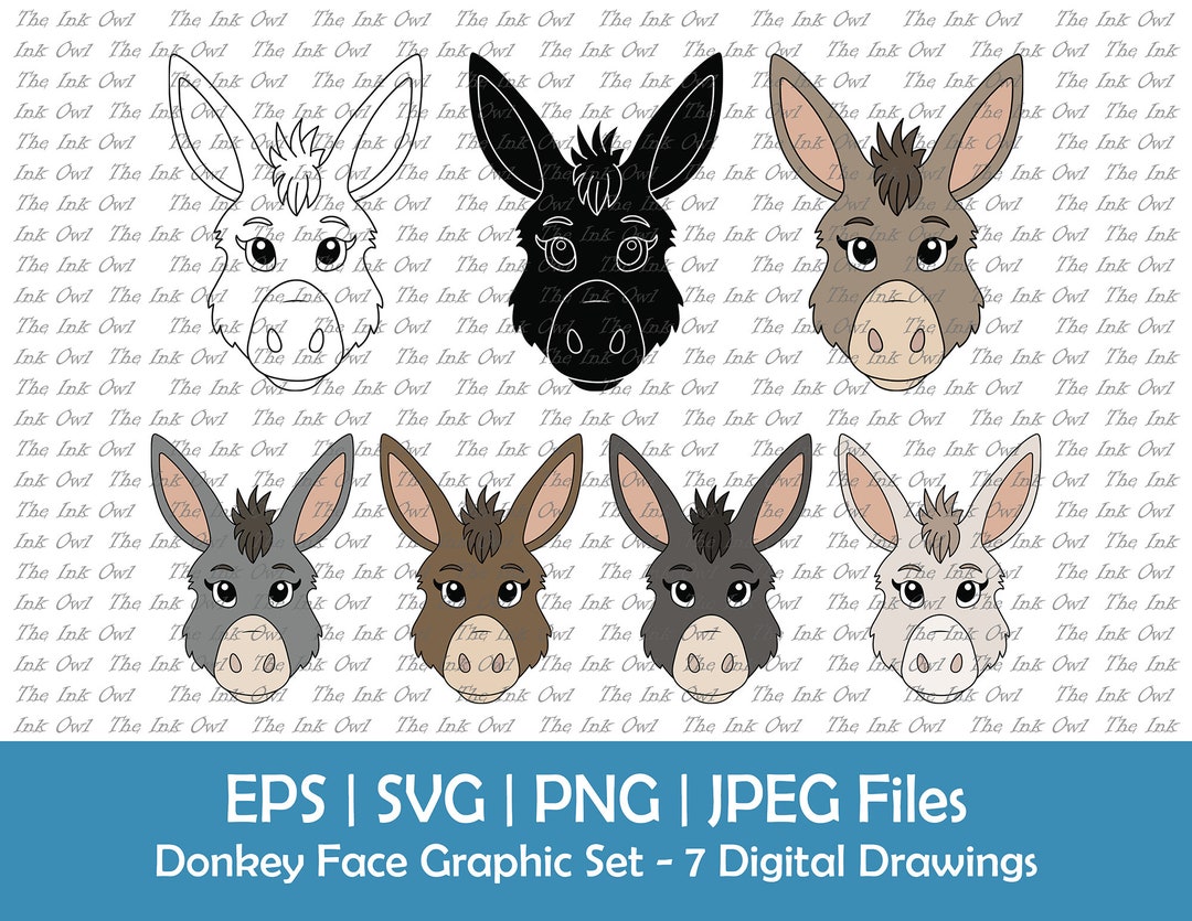 Donkey Face Vector Clipart Set / Outline, Silhouette Stamp & Color ...