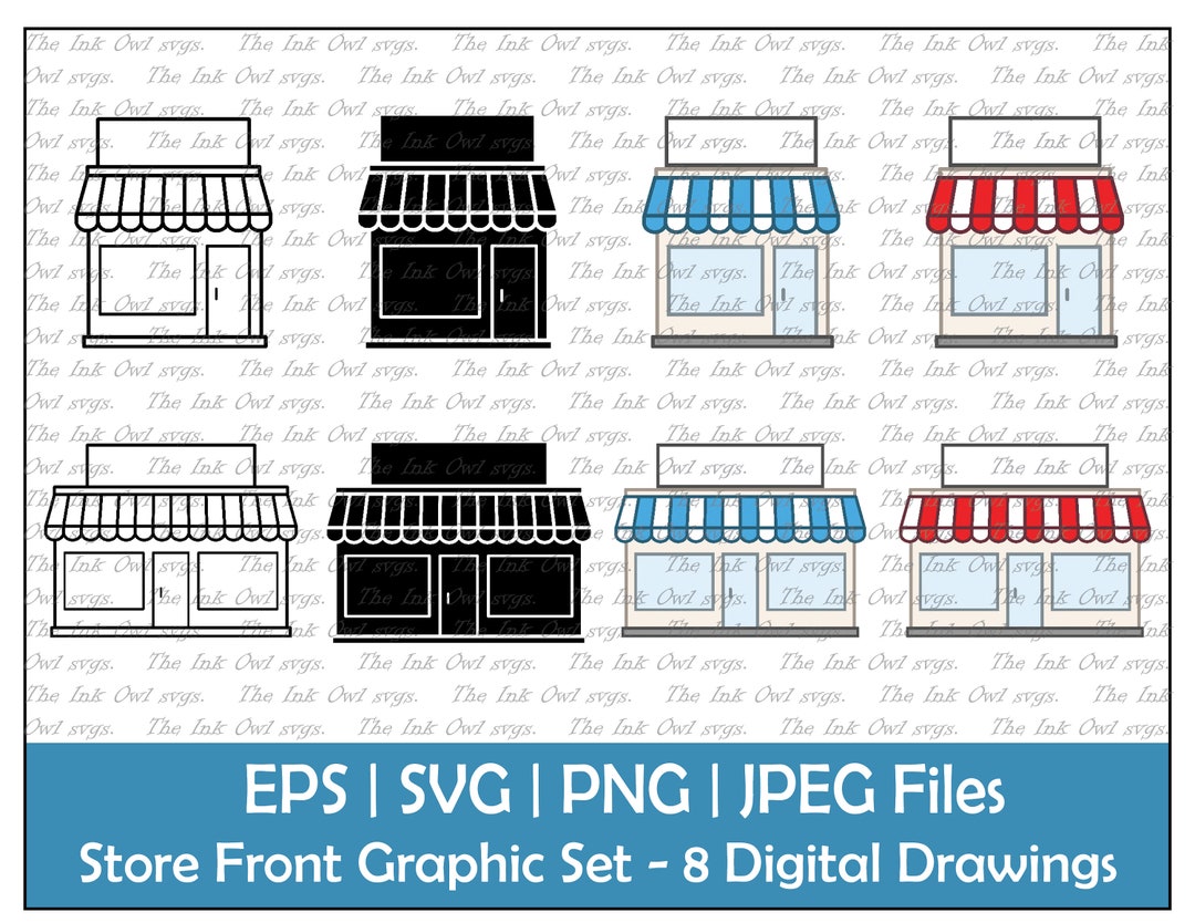 Shop Store Front Building Vector Clipart Set / Outline & Stamp Drawing ...