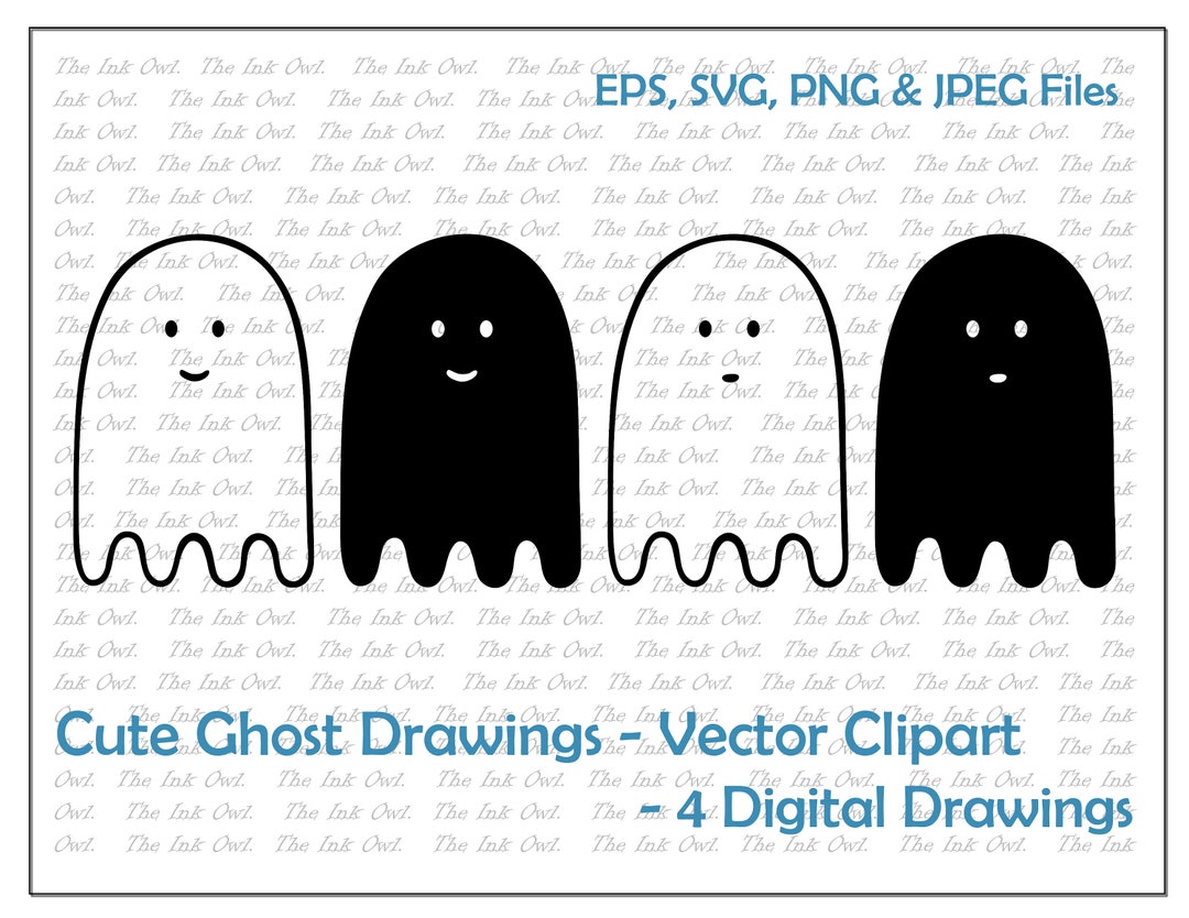 Cute Ghost Vector Clipart Set / Outline & Stamp Drawing Graphic ...