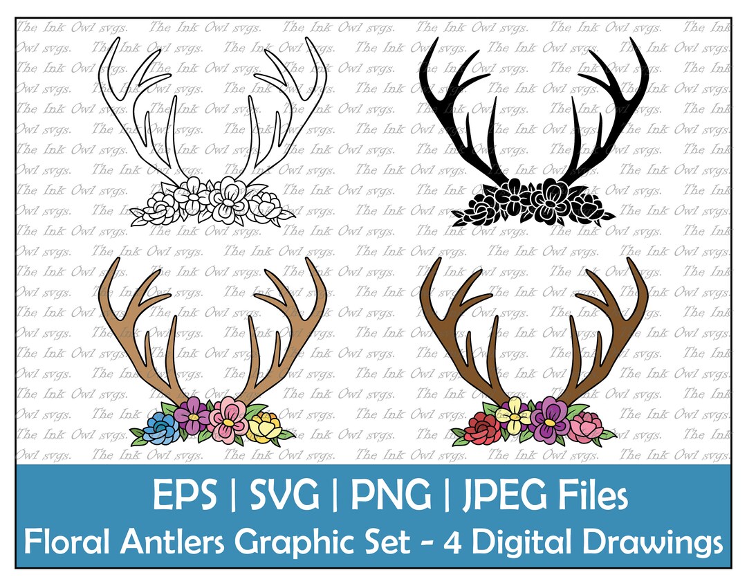 Floral Deer Antlers Vector Clipart Bundle / Outline, Stamp & Color ...