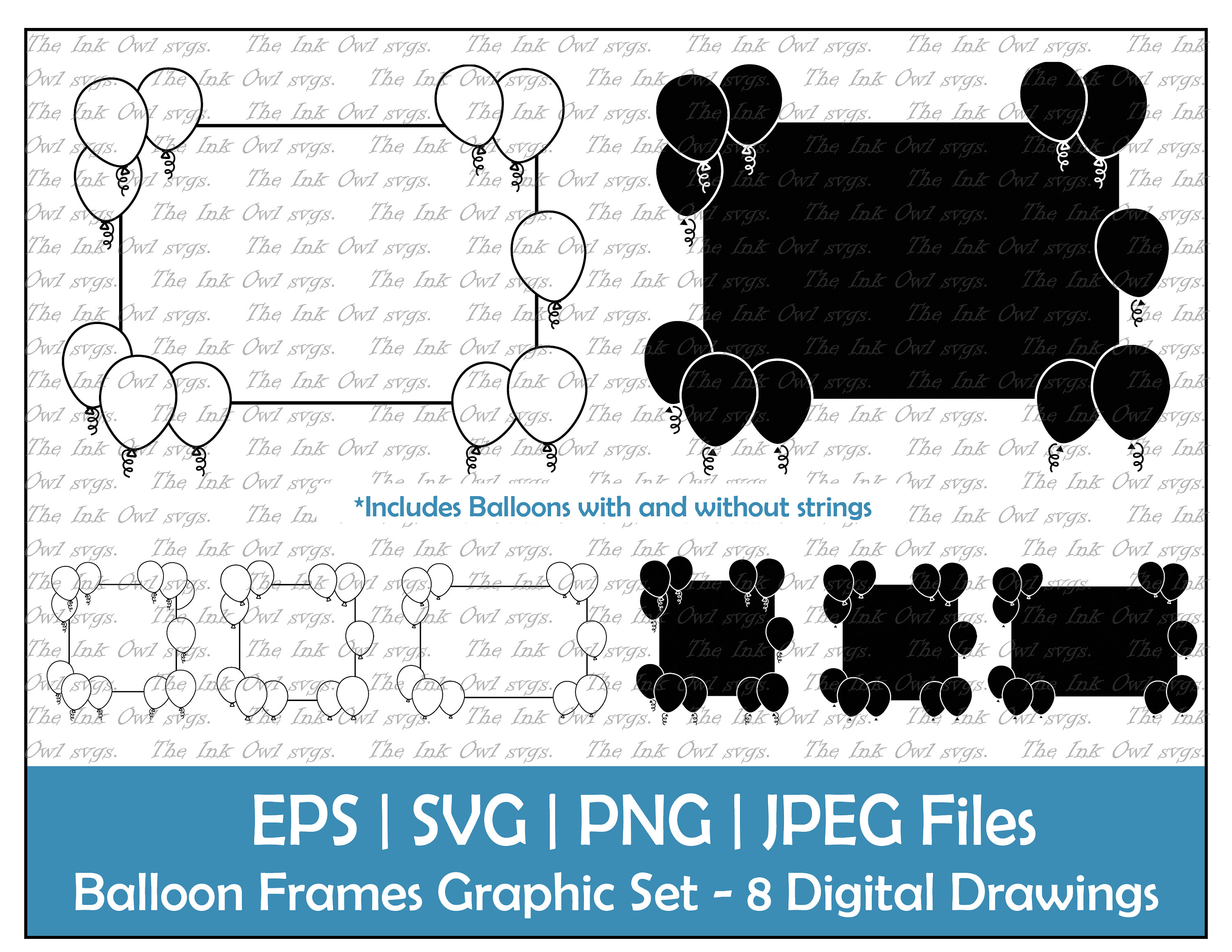 Balloon Frame Border Card Clipart Set / Outline and Stamp | Etsy