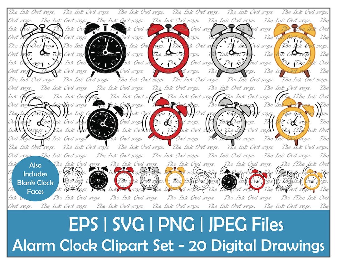 Retro Clock With Alarm Ringing Vector Clipart Set / Outline, Silhouette ...