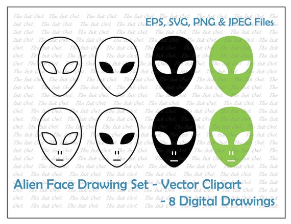 Alien Face Vector Clipart Set / Outline & Silhouette Drawing | Etsy