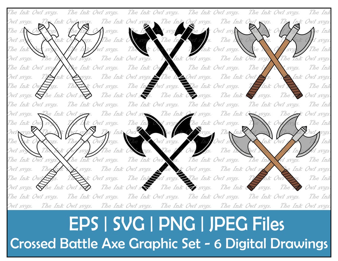 Crossed Battle Axe Clipart Set / Outline, Stamp & Color Drawing Graphic / Weapon / Double Blade ...