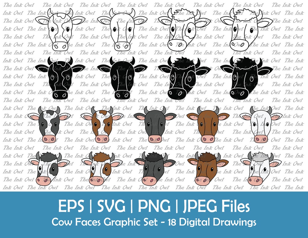 Cow Head or Face With Horns Vector Clipart Set / Outline, Silhouette ...