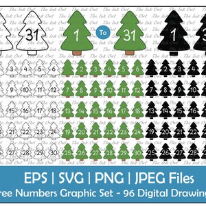 Christmas Tree Calendar Number Clipart Set / Outline, Silhouette ...