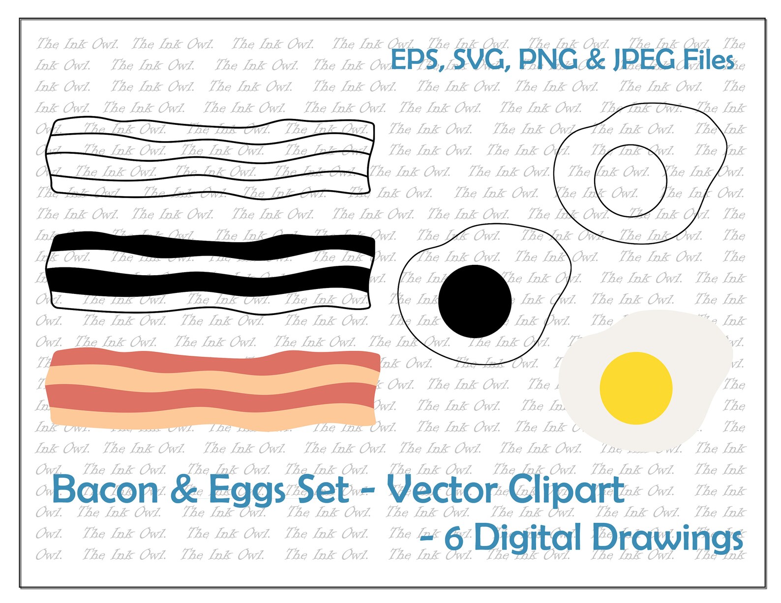 Bacon and Fried Egg Breakfast Clipart Set / Outline Stamp and | Etsy
