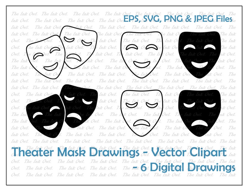 Theatre Mask Vector Clipart Set / Comedy & Tragedy Outline and - Etsy