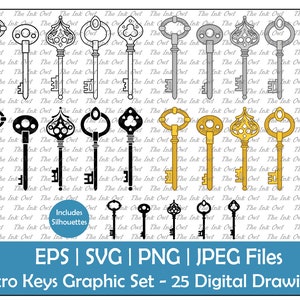 Retro Skeleton Key Vector Clipart Set / Outline, Silhouette Stamp ...