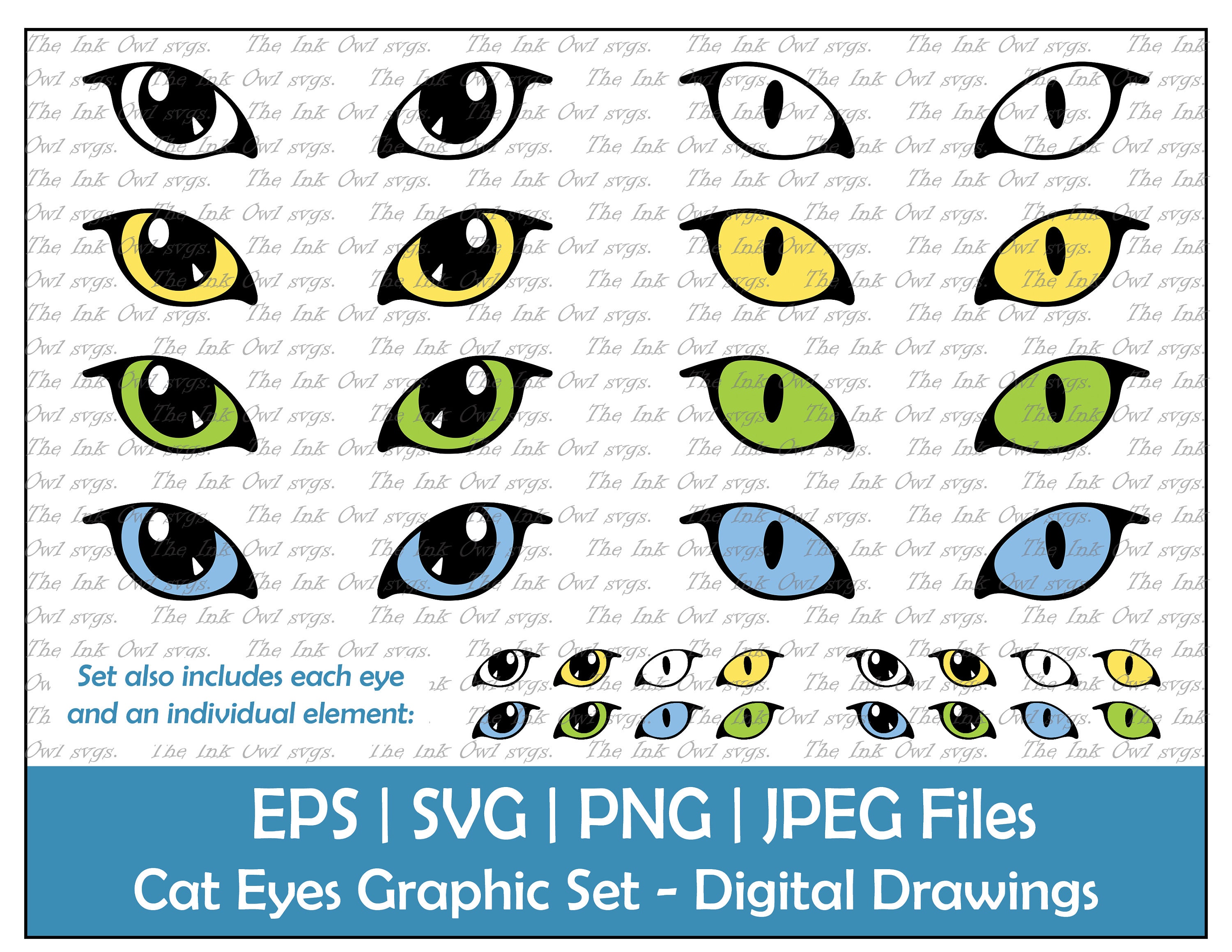 Cat Eyes Vector Clipart Set / Outline & Color Graphics / Narrow, Wide ...