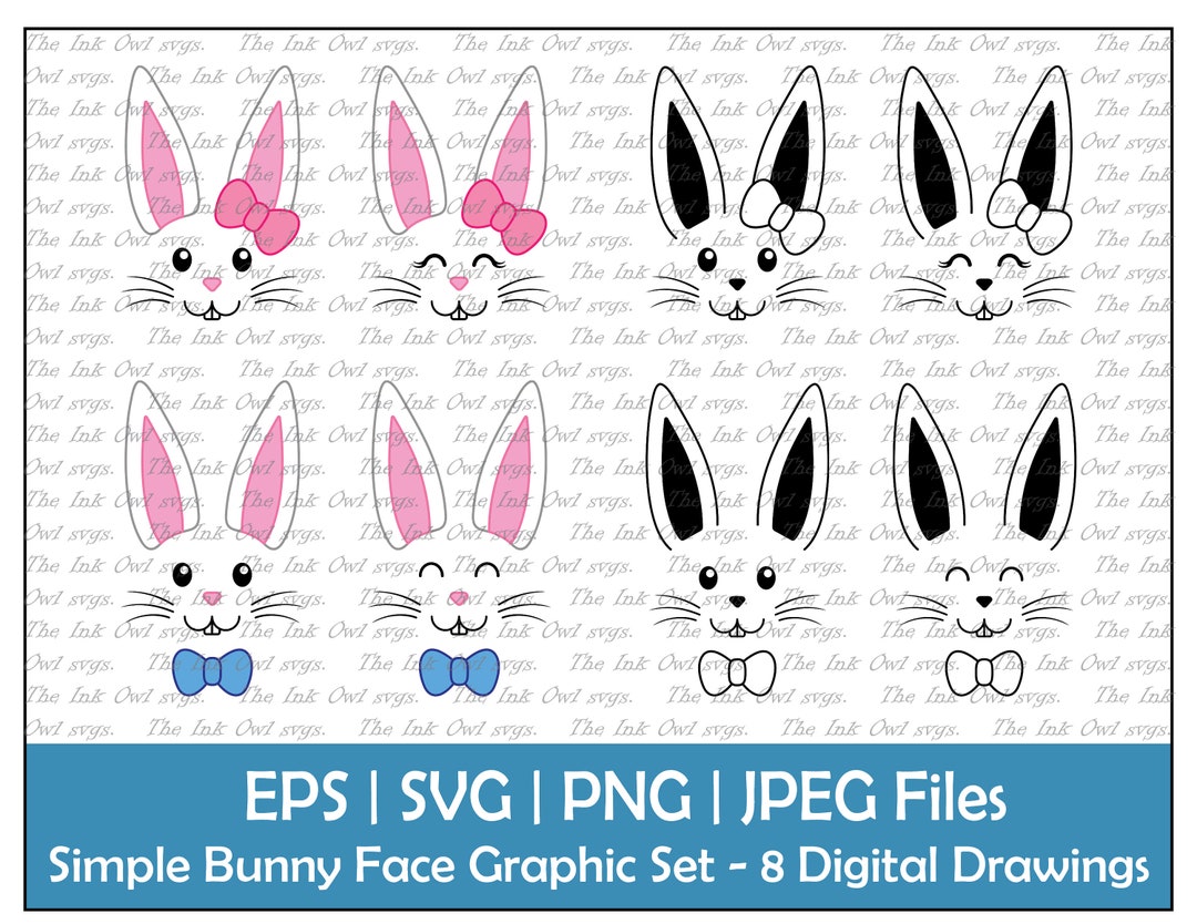 Bunny Rabbit Face Vector Clipart Set / Colored & Stamp Drawing Graphic ...