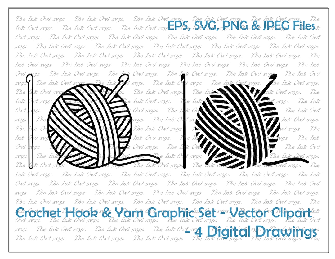Crochet Hook and Yarn Vector Clipart Set / Outline & Stamp Graphic ...