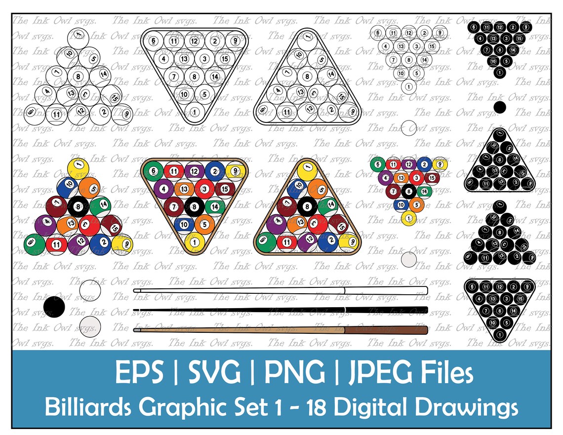 Billiards or Pool Vector Clipart Set / Outline Stamp & Color | Etsy