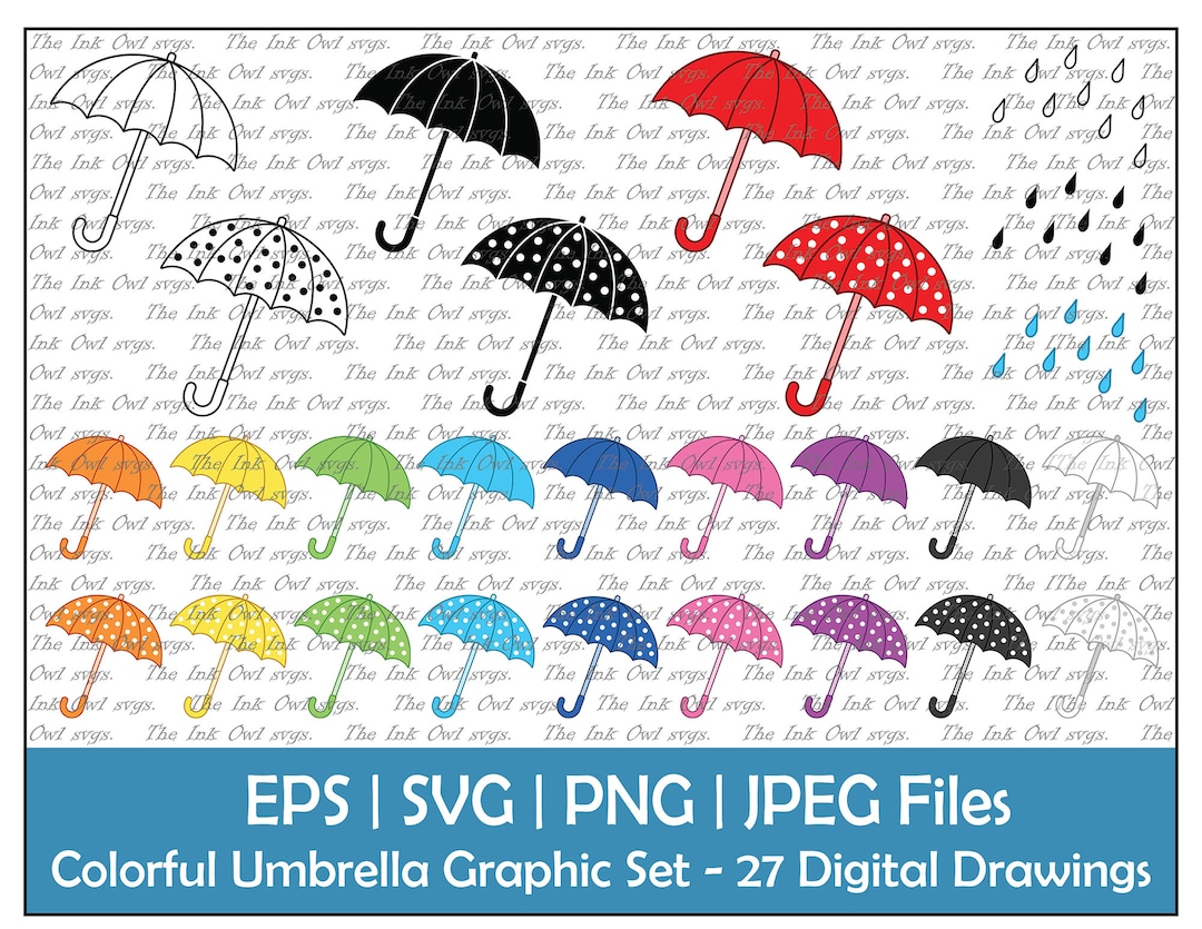 Colorful Umbrella and Rain Vector Clipart Set / Outline, Silhouette ...