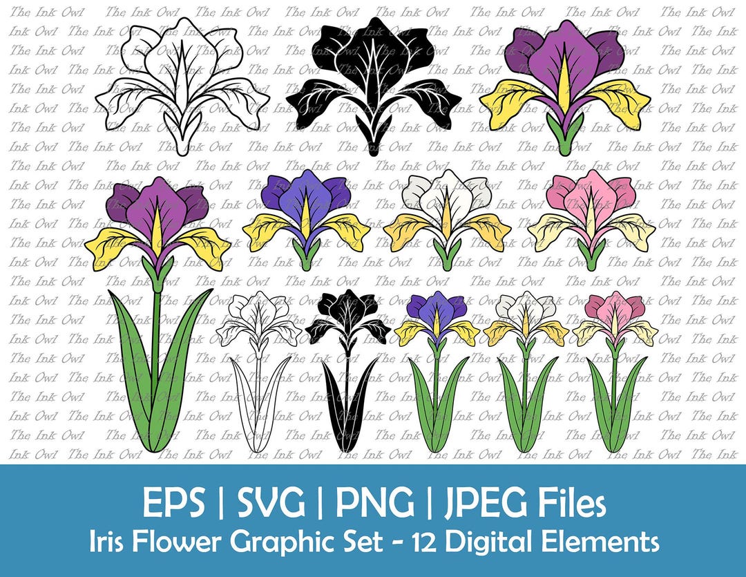 Iris Flower Vector Clipart Set / Outline, Silhouette Stamp & Color ...