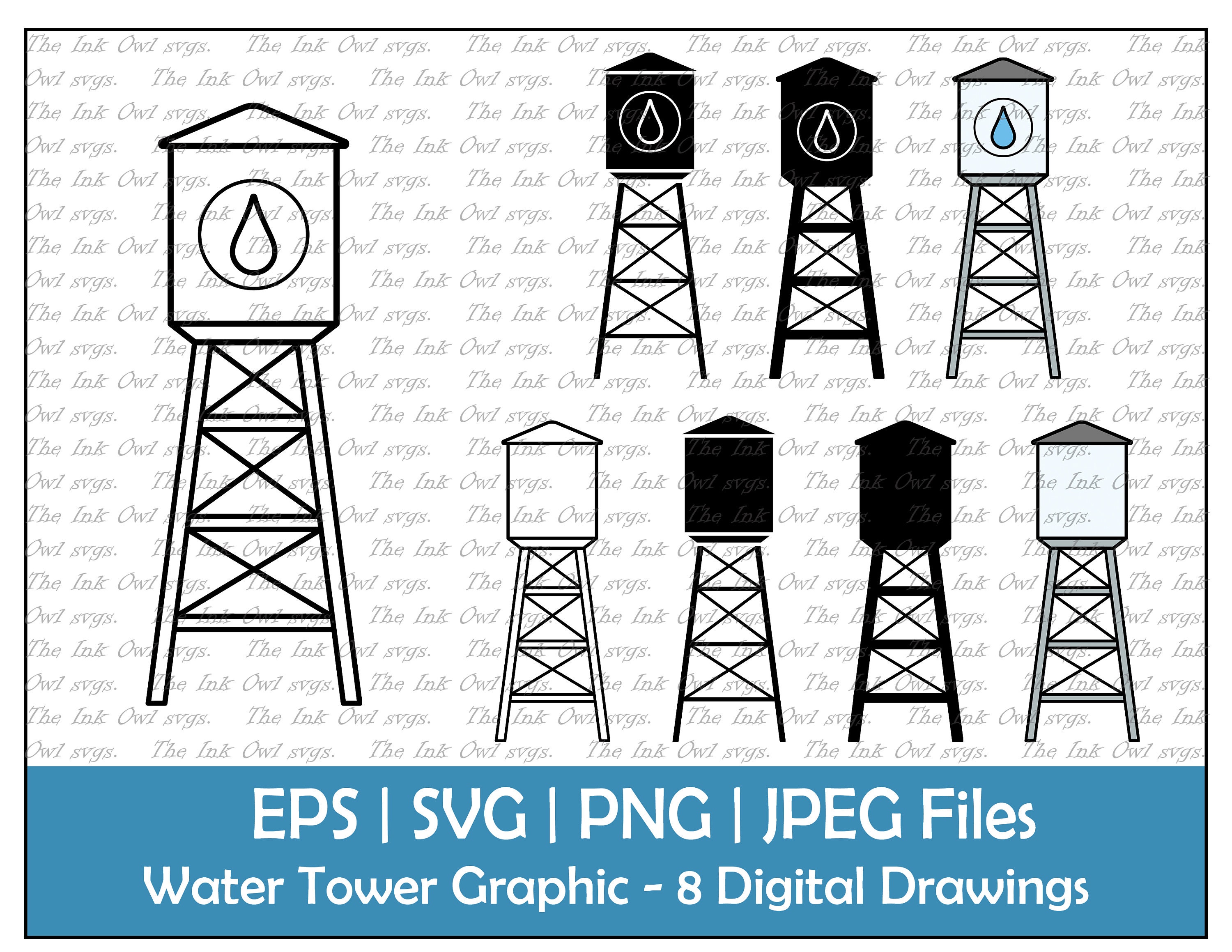 Water Tower Svg Vector Clipart Set / Outline & Stamp Drawing Graphic ...