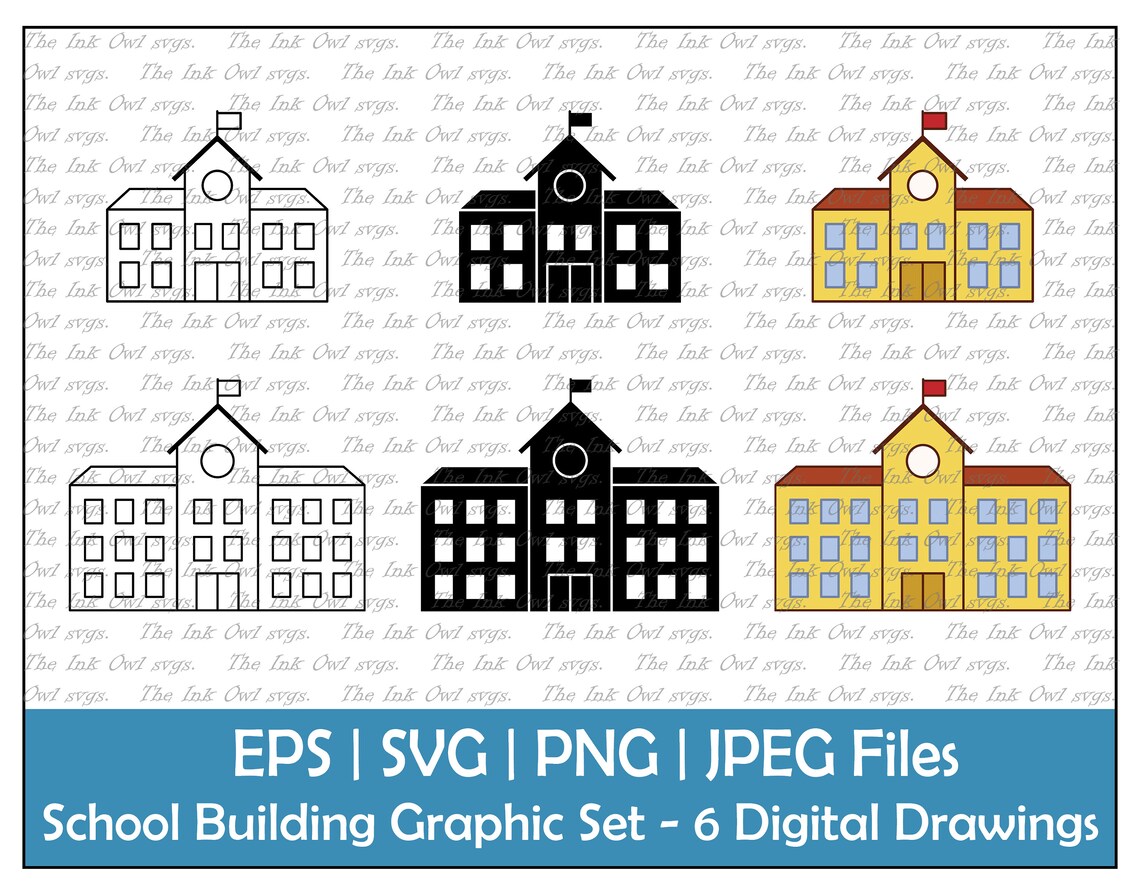 School House Building Vector Clipart Set / Outline & Stamp Drawing ...