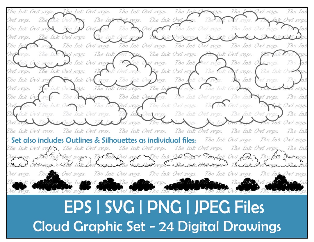 Cloud Vector Clipart Bundle / Outline, Stamp & Color Drawing Graphic ...