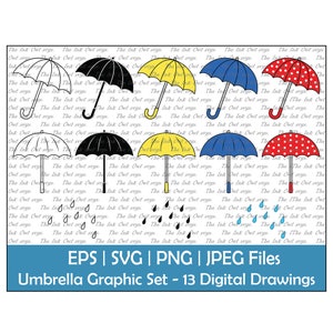 Umbrella and Rain Vector Clipart Set / Outline, Silhouette Stamp ...