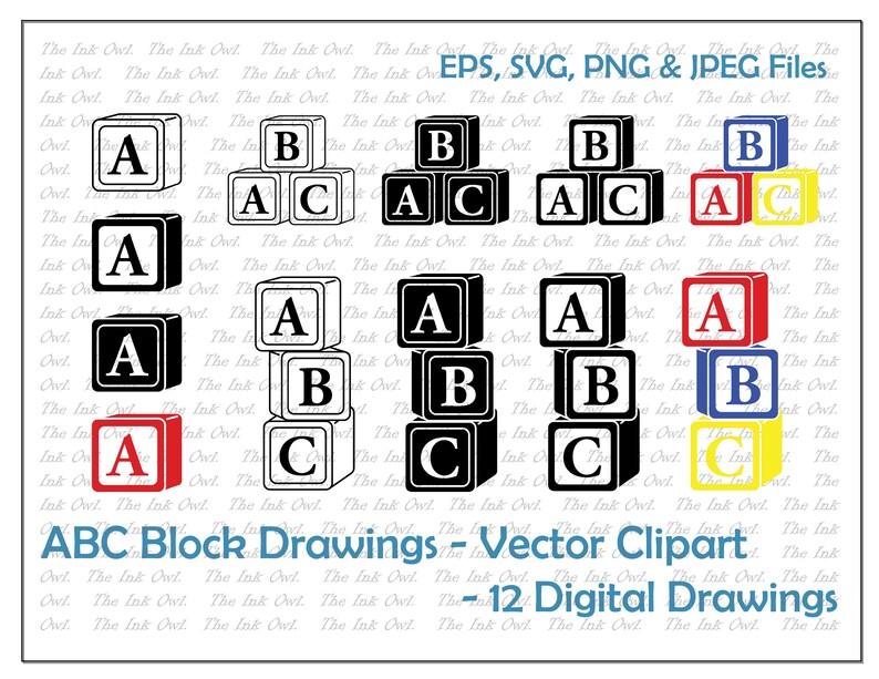 ABC Alphabet Blocks Vector Clipart / Outline & Stamp Drawing - Etsy