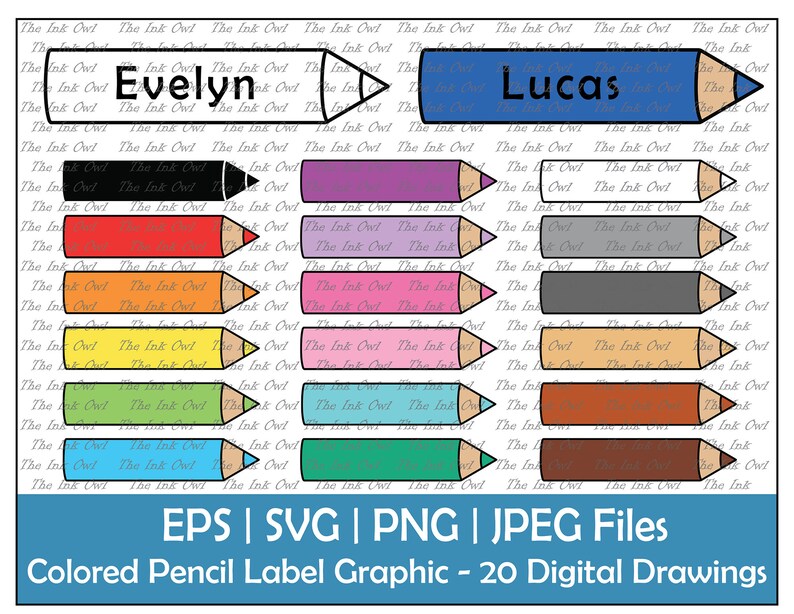 Colored Pencil Name Label Clipart Set / Outline, Silhouette & Color ...