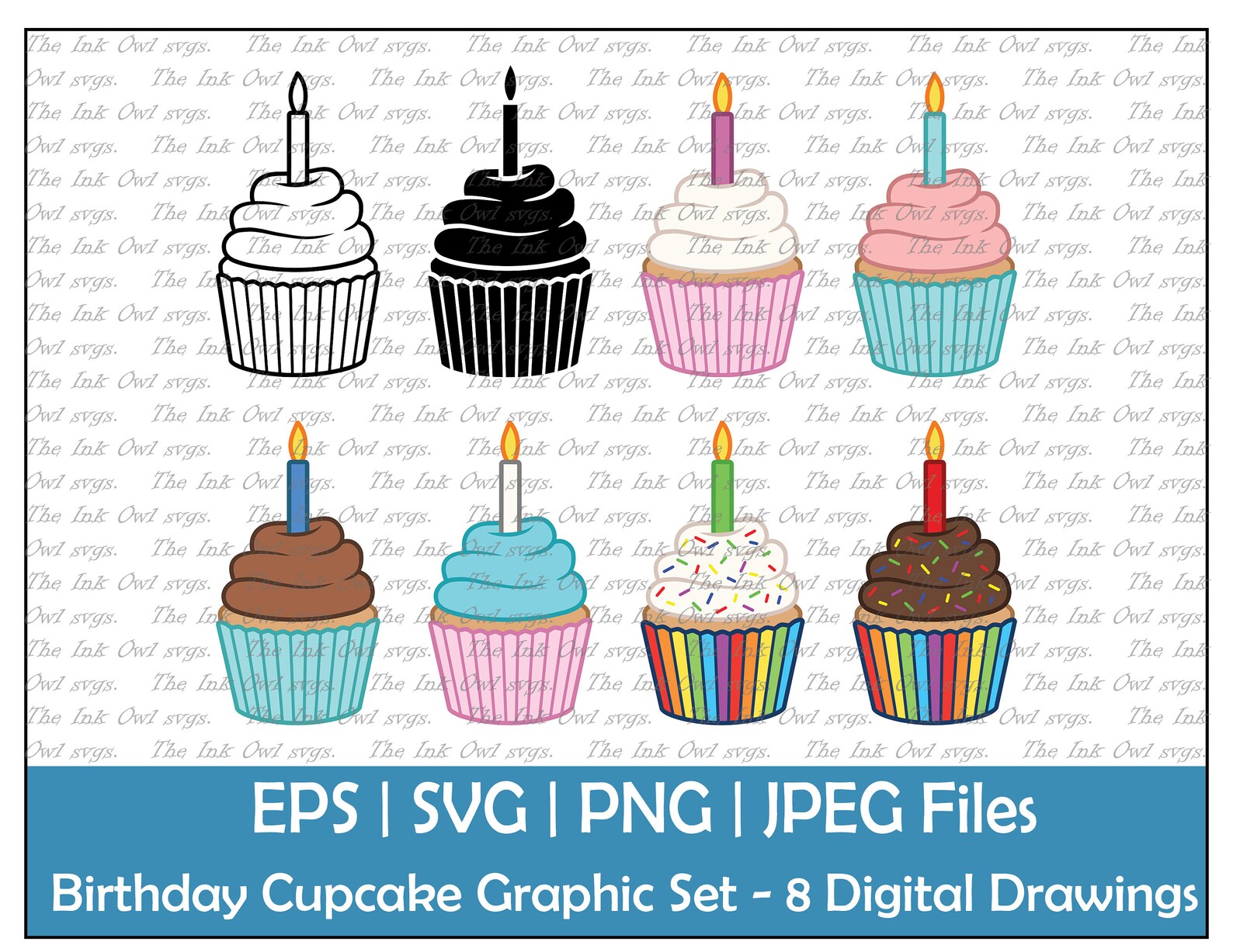Birthday Cupcake With Candle Clipart Set / Outline, Stamp and Color ...