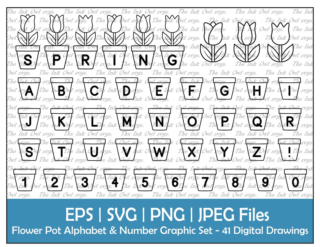 Tulip Flower Pot Alphabet Letters & Numbers Vector Clipart / Outline ...