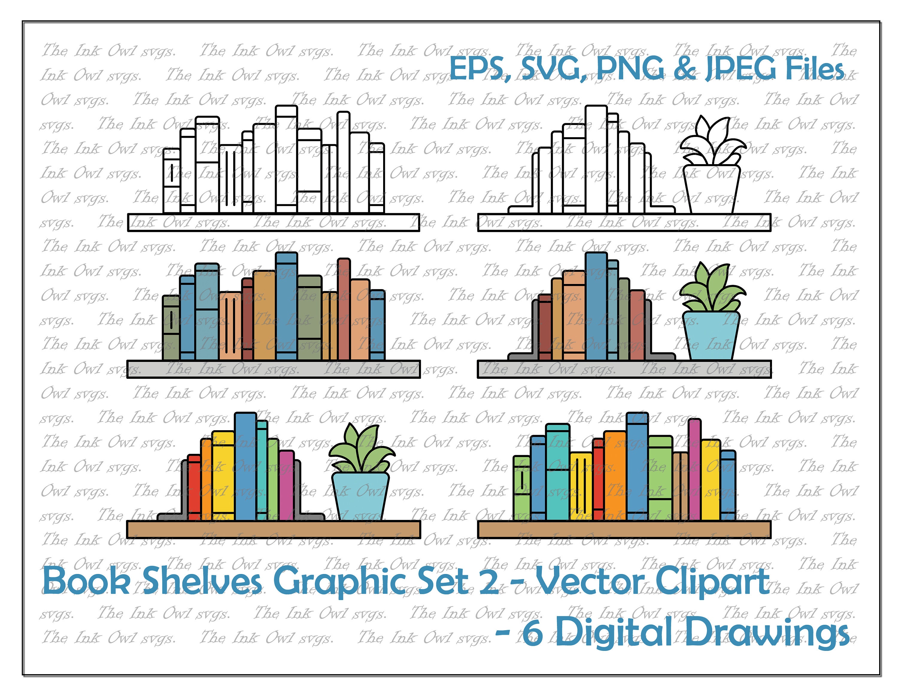 Book Shelf Vector Clipart Set / Outline & Colored Drawing | Etsy