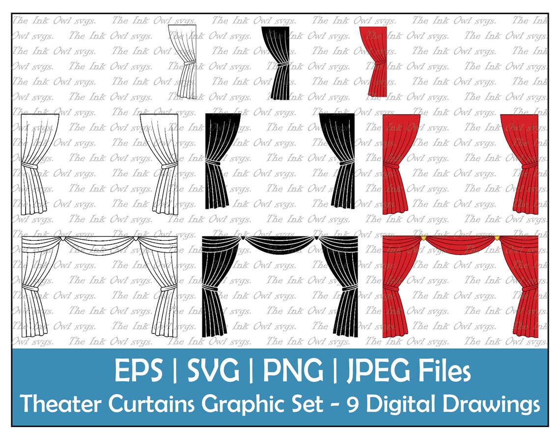 Red Theater Curtains Vector Clipart Set / Outline, Stamp and Color ...