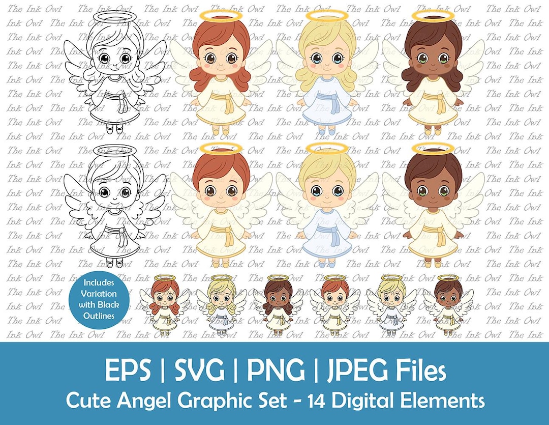 Cute Cartoon Angel With Halo and Wings Vector Clipart Set / Outline ...