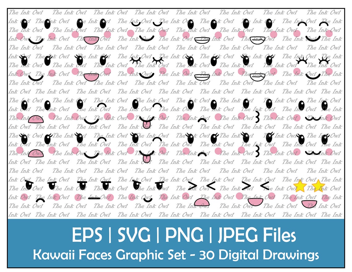 Cute Kawaii Faces Vector Clipart Set / Drawing Illustrations / Emotion ...