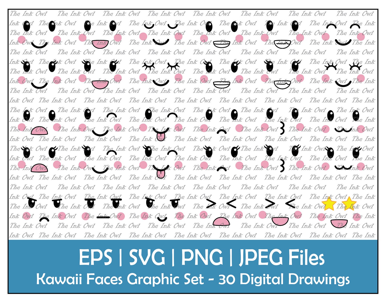 Cute Kawaii Faces Vector Clipart Set / Drawing Illustrations / Emotion ...