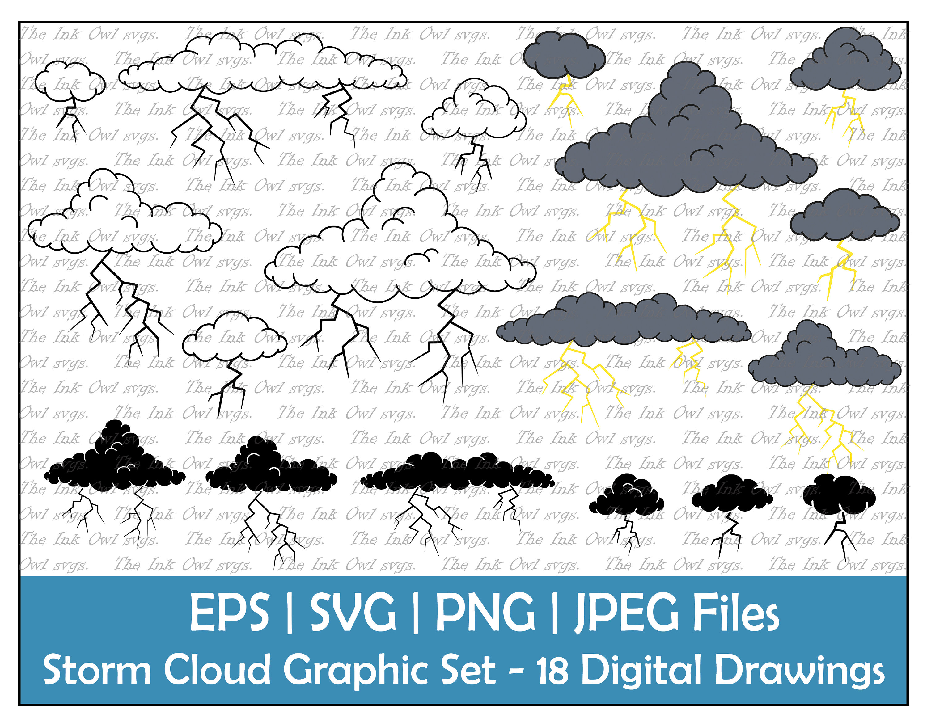 Storm Clouds Vector Clipart Bundle / Outline, Stamp & Color Graphics ...
