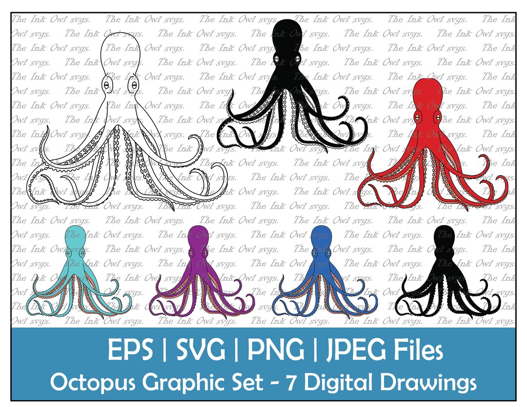 Realistic Octopus Vector Clipart / Outline, Silhouette Stamp & Color ...