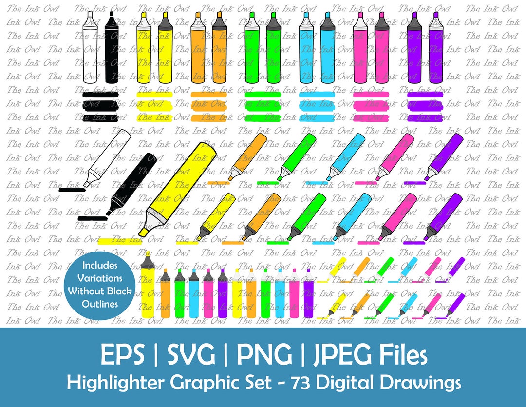 Neon Highlighter Marker Pen Clipart Set / Outline, Silhouette & Color ...