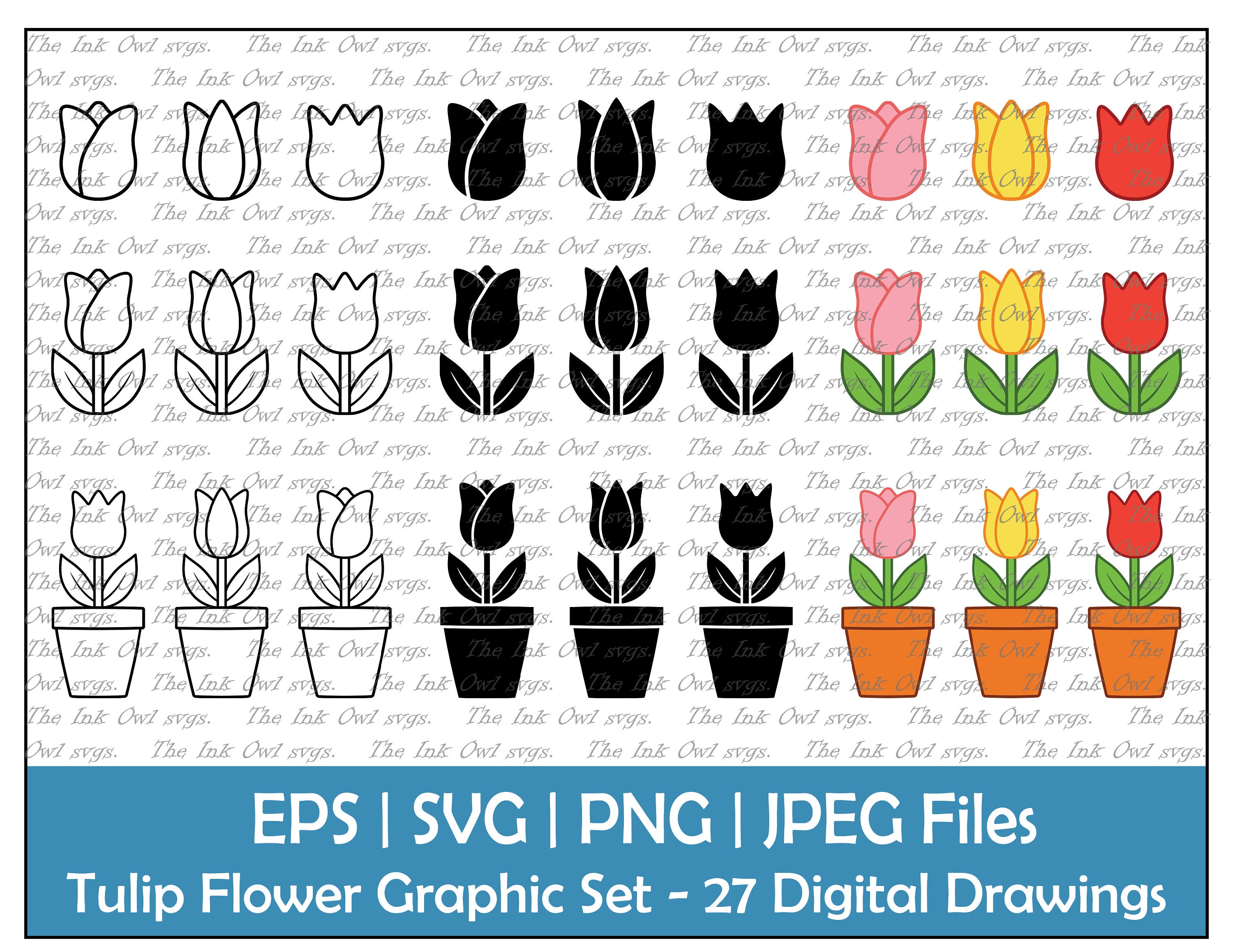 Tulip Flower Pot Vector Clipart Set / Outline, Silhouette Stamp & Color ...